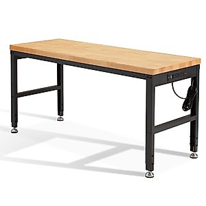 HABUTWAY Height Adjustable Workbench 60" 2000 Lbs Capacity Oak Wood Work Station Heavy-Duty Work Tables with Power Outlets for Garage Party Shop Office