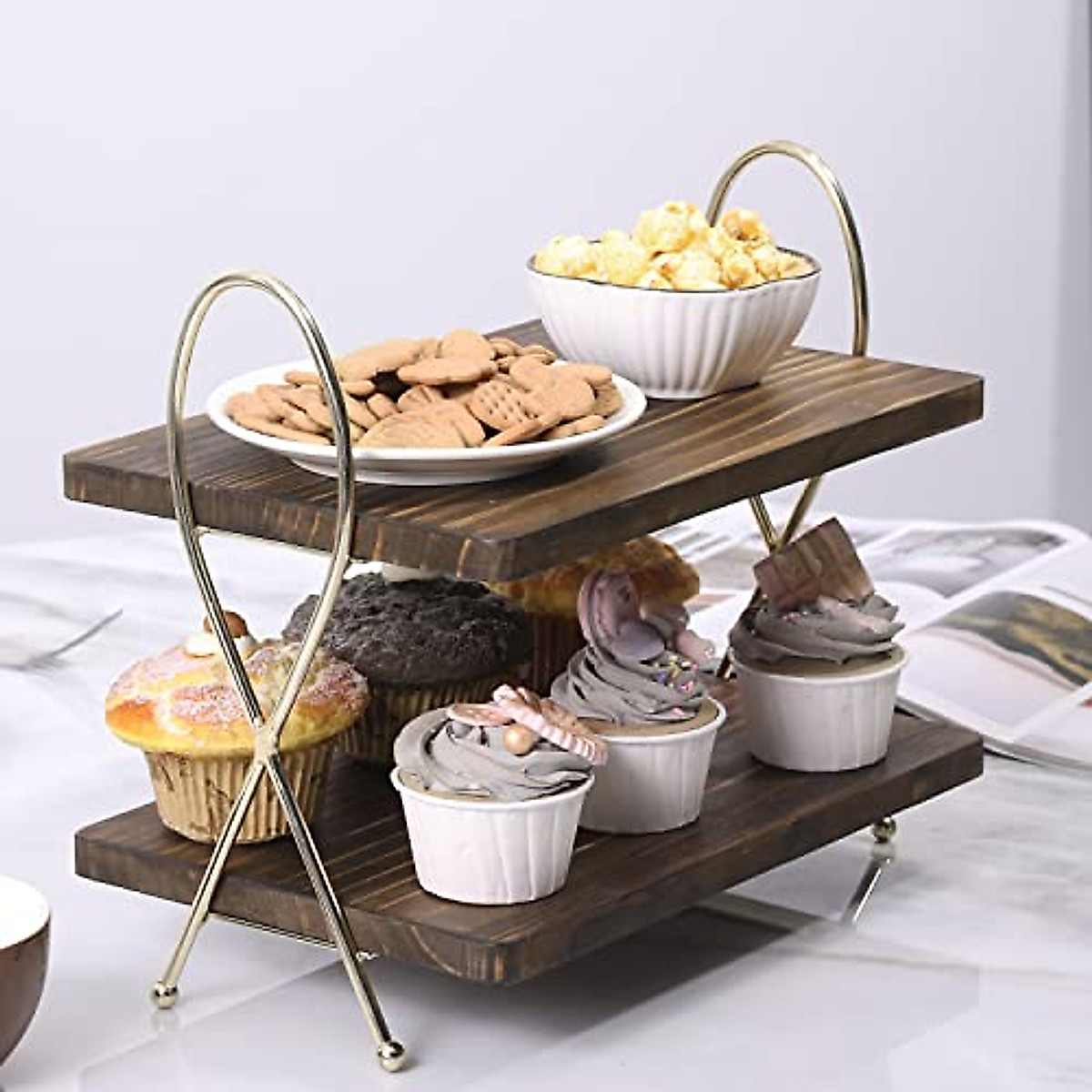 MyGift 2 Tier Burnt Wood and Brass Metal Server Cupcake Holder Stand, Dessert and Appetizer Tower, Buffet Serving Riser Display