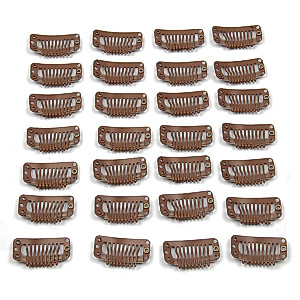 50pcs Wig Clips Stainless Steel Snap Clips for Hair Extensions DIY Wig Combs 9-Teeth 32mm 1.2g/pc, 2pcs Weaving Thread, 1set/30pcs Needles (Light Brown)