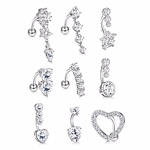 SAILIMUE 9 Pcs Surgical Steel Belly Button Rings for Women 14G Belly Ring CZ Heart Reverse Navel Ring Dangle Belly Piercing Jewelry Pack