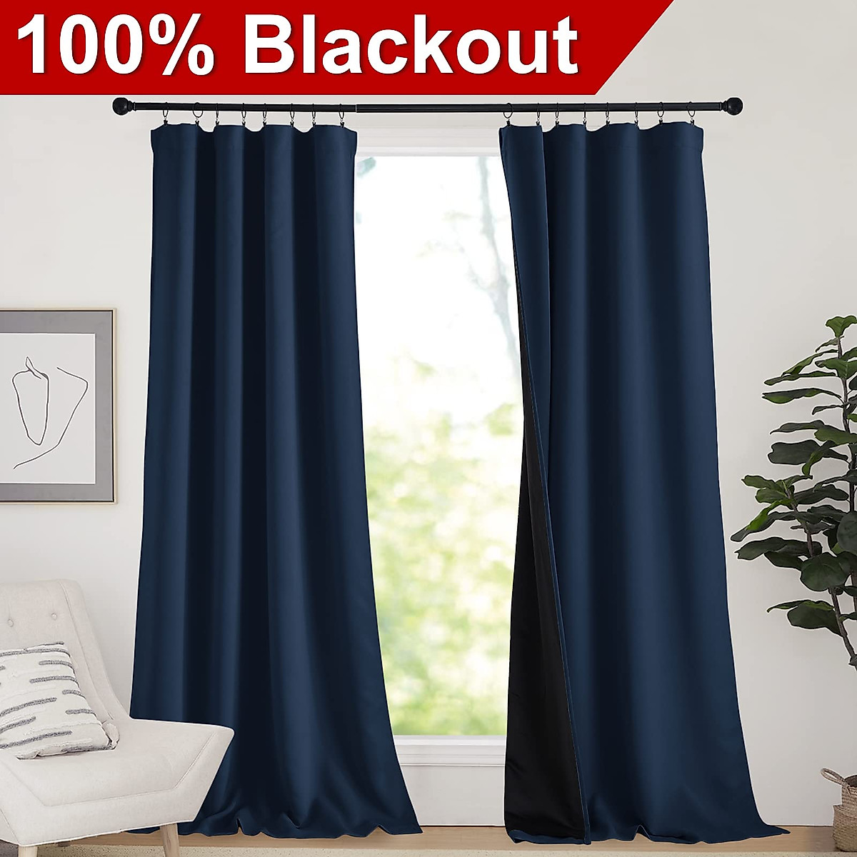 NICETOWN 100% Blackout Blinds, Laundry Room Decor Window Treatment Curtains, Thermal Insulated Energy Smart Drapes and Draperies for Villa, Hall and Studio (Navy, Set of 2, 52 inches x 95 inches)