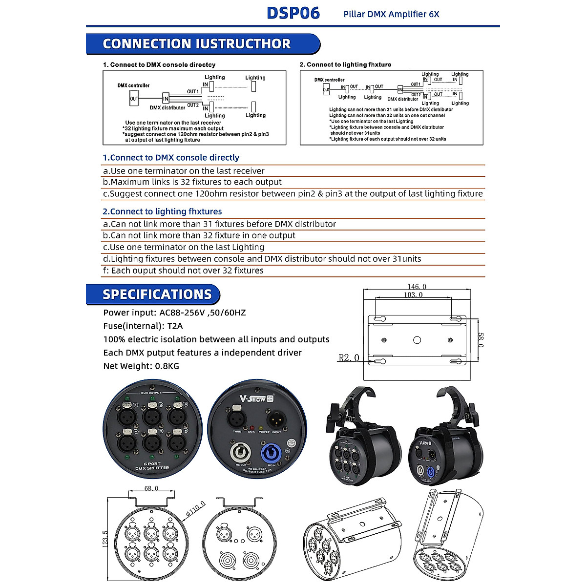 V-Show 6 Way Isolated DMX Splitter - 6 Branch Universal Splitter Amplifier Distributor 3Pin Outputs for DMX Signals.
