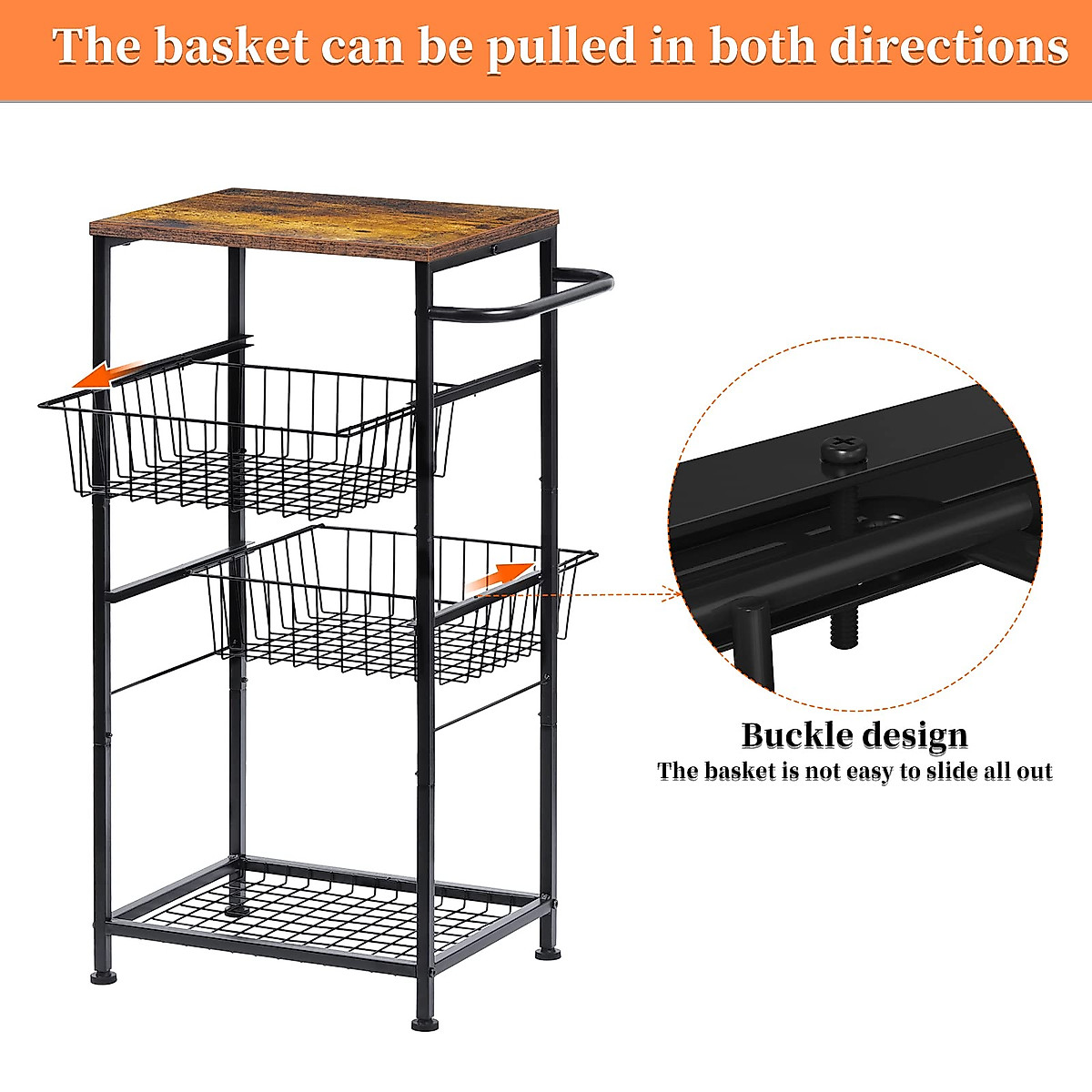 Kitchen Storage Cart on Wheels 4 Tier Rolling Storage Cart with Mesh Wire Basket and Handle Utility Storage Trolley Serving Cart with Wooden Tabletop for Small Space Dining Room Bathroom Rutic Brown