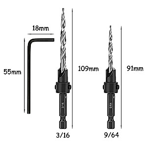 SeonFook 5PCS Countersink Drill Bit Set 1/4" Hex Shank Quick Change Screw Drill Counter Sink Bit 7/64", 9/64", 11/64", 3/16", 7/32" for Woodworking