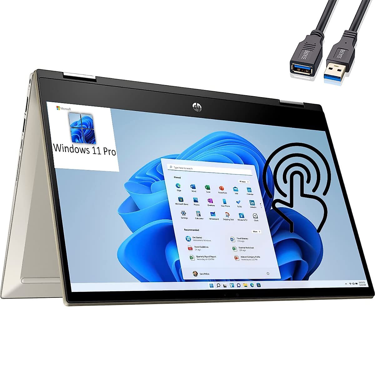 HP Pavilion x360 2-in-1 14" FHD Touchscreen Business Laptop, Intel Quad-Core i5-1135G7 (Beat i7-1065G7), 4GB DDR4 RAM, 512GB PCIe SSD, WiFi 6, Fingerprint Reader, Windows 11 Pro, BROAG Extension Cable