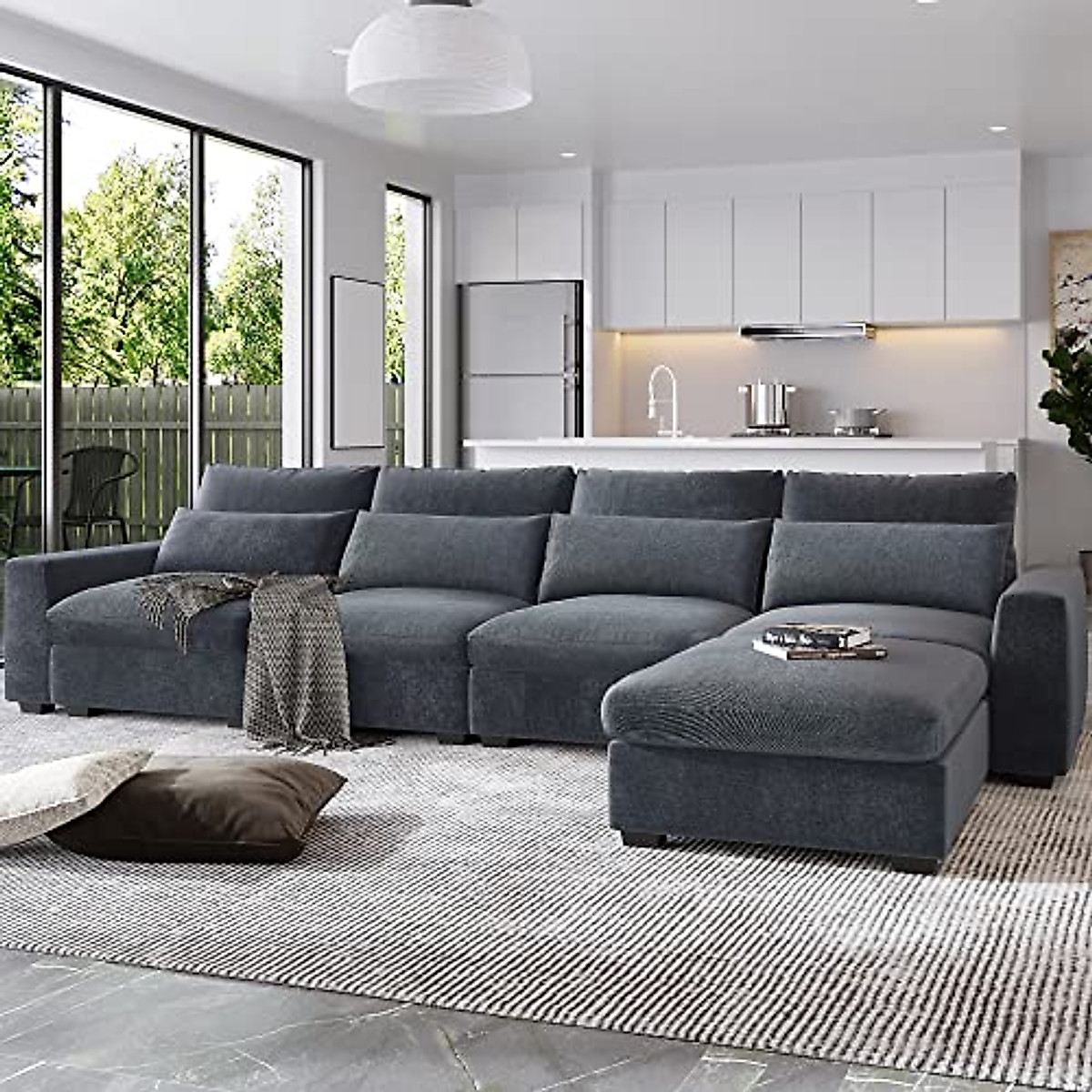 BSYEIO 129.9" Modern Sectional Sofa for Living Room, L Shaped Sofa Couch with Convertible Ottoman Modern Upholstered Sofa Couch with Ottoman Waist Pillows - Grey