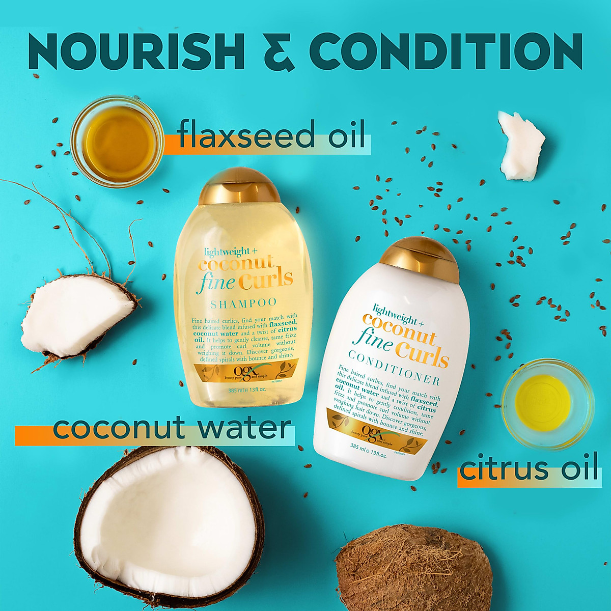 OGX Lightweight + Coconut Fine Curls Conditioner, Lightweight, Coconut Water Conditioner, 13 Fl Oz