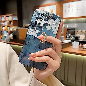 Easyscen for Oneplus 8T 5G Flower Phone Case Girls Women Cute Floral Slim TPU Shockproof Protective Cover with Gold Ring Kickstand Lake Blue Case Compatible with Oneplus 8T 5G (2020)