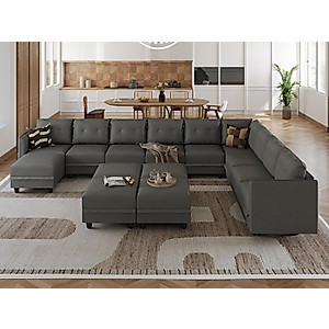 LLappuil Modular Sectional Sofa with Storage, Oversized Couch 14 Seater U Shaped Sofa with Chaise, Faux Leather Fabric Large Sectional Couch with Ottoman, Dark Grey