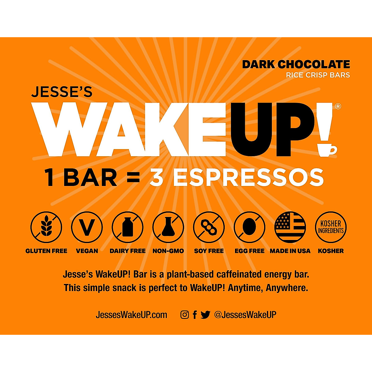 WAKE UP! Caffeinated Chocolate Protein Bars Gluten Free, Vegan, 350mg of Caffeine Energy, Kosher to help Boost Focus and Clarity (1 Bar = 3 Espressos) 6 Pack
