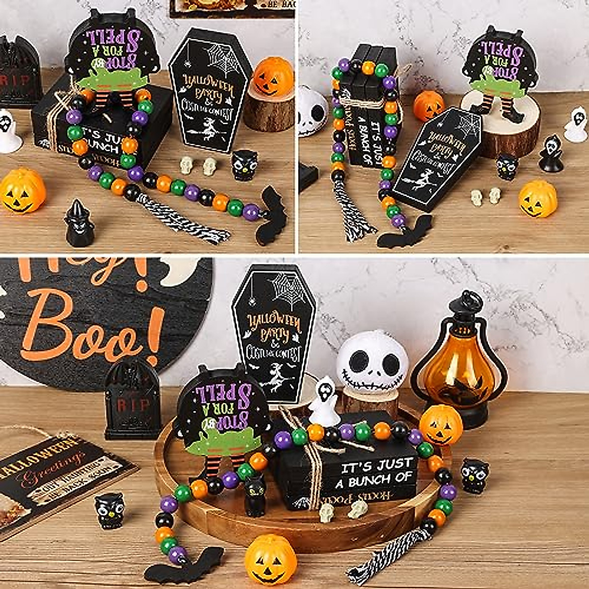Hocus Pocus Halloween Decorations indoor, 6 Pcs Hocus Pocus Halloween Decor with Tombstones, hocus pocus book, Witches Cauldron, beads garland, Halloween Tiered Tray Decor for Home Table Kitchen decor