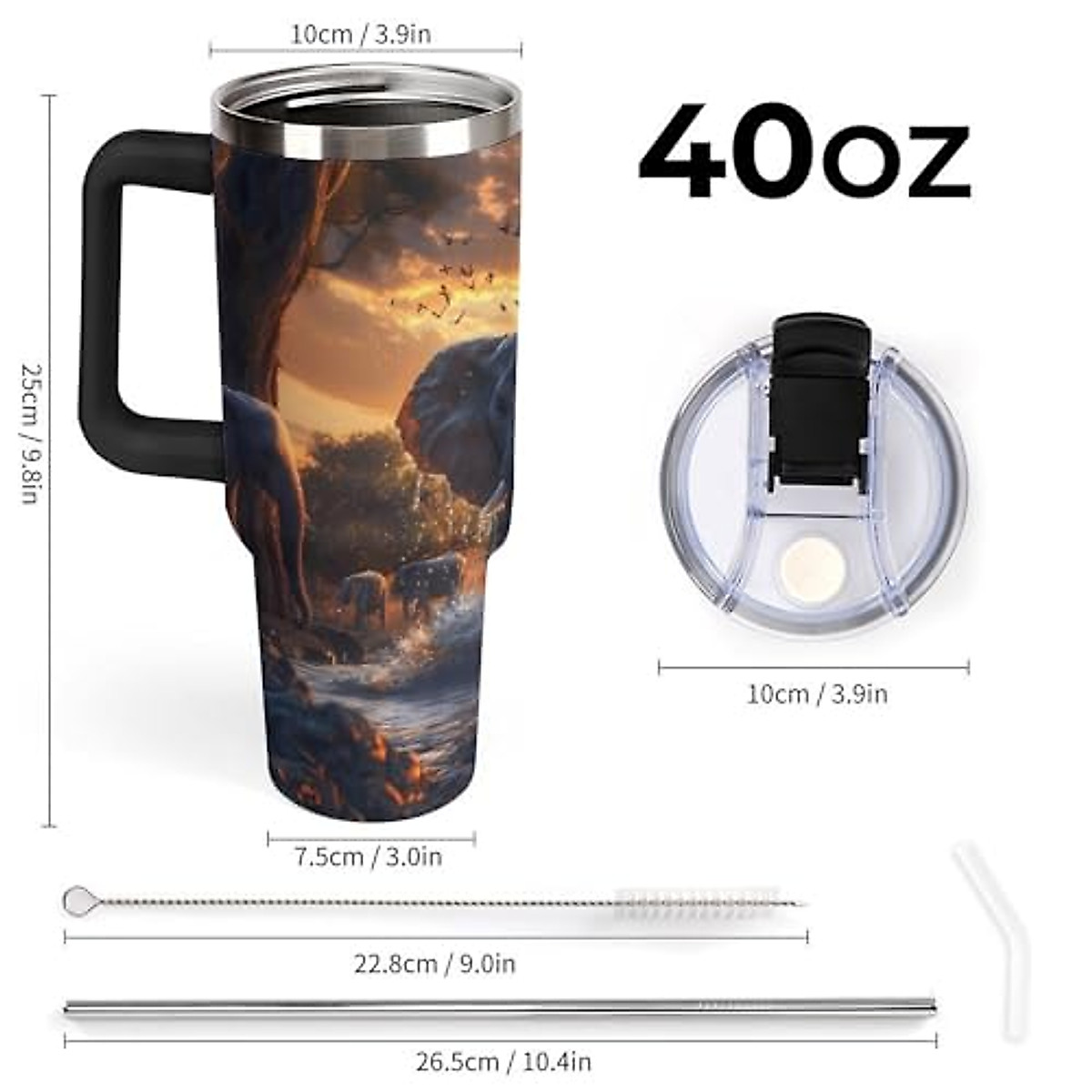 Elephants in Sunset Water Insulated Tumblers with Handle Stainless Steel Coffee Mug Funny Travel Cup with Lid Straw 40oz