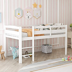 Mirightone Low Kids Loft Bed, Junior Twin Loft Bed with Ladder,Wood Loft Bed Twin for Toddler Children Bedroom,No Box Spring Needed,White