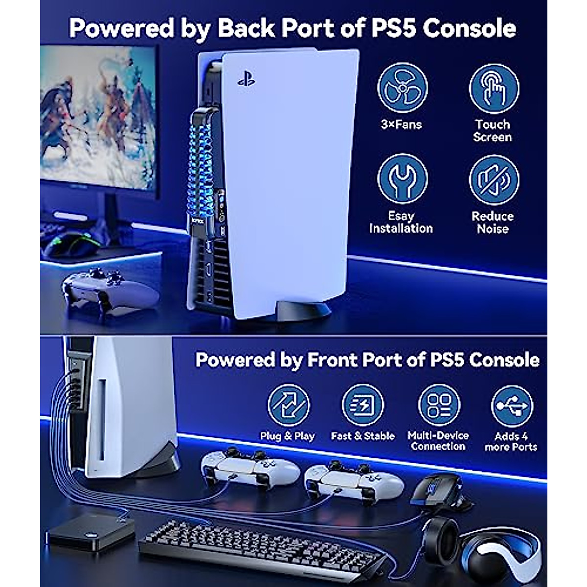 Upgraded PS5 Cooling Fan with USB HUB Bundle Kit, Quieter External PS5 Fan with 3 Different Fan speeds, PS5 USB HUB for PS5 Accessories with Charger & Data Transmission, PS5 Fan for PS5 Disc & Digital