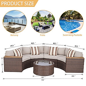 Incbruce Outdoor Half Moon Patio Furniture 5-Piece Curved Outdoor Sofa, All-Weather Outdoor Sectional Furniture Patio Conversation Sets with Round Tempered Glass Top Table(Brown Cushions)