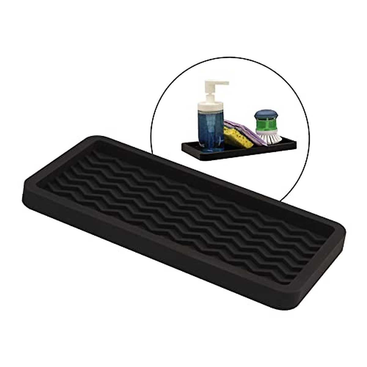 HomeBee Silicone Kitchen Bath Vanity Organizer Tray, Non-Slip Multipurpose Sink Caddy | Dish Sponge, Brush, Soap Dispenser Bottle Holder | Dishwasher Safe Rubber Counter Mat (10 x 5.25 Inch – Black)