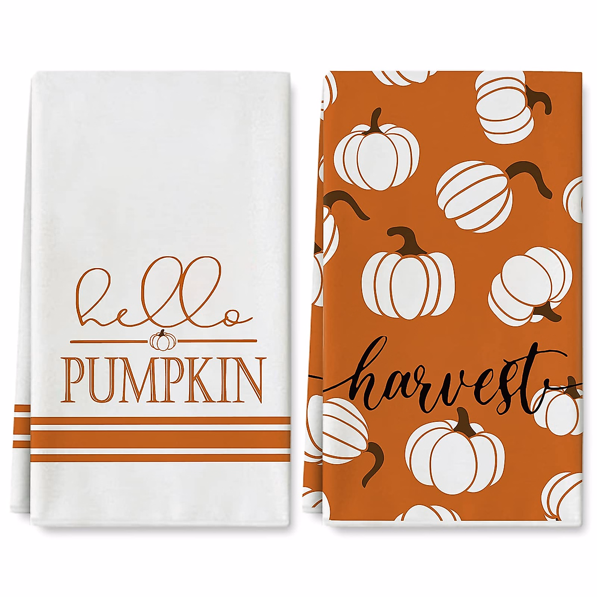 AnyDesign Fall Kitchen Dish Towel 18 x 28 Inch Hello Pumpkin Thanksgiving Harvest Tea Towel Autumn Orange White Dishcloth Rustic Farmhouse Hand Drying Cloth Towel for Kitchen Cooking Baking, 2 Pack