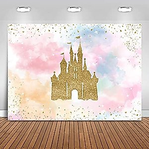 Mocsicka Princess Castle Birthday Backdrop Watercolor Pastel Rainbow Birthday Background Gold Glitter Royal Birthday Party Cake Table Decoration Photo Booth Props (7x5ft)