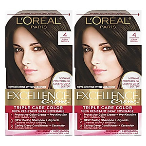 L'Oreal Paris Excellence Créme Permanent Hair Color, 4 Dark Brown, 100 percent Gray Coverage Hair Dye, Pack of 2