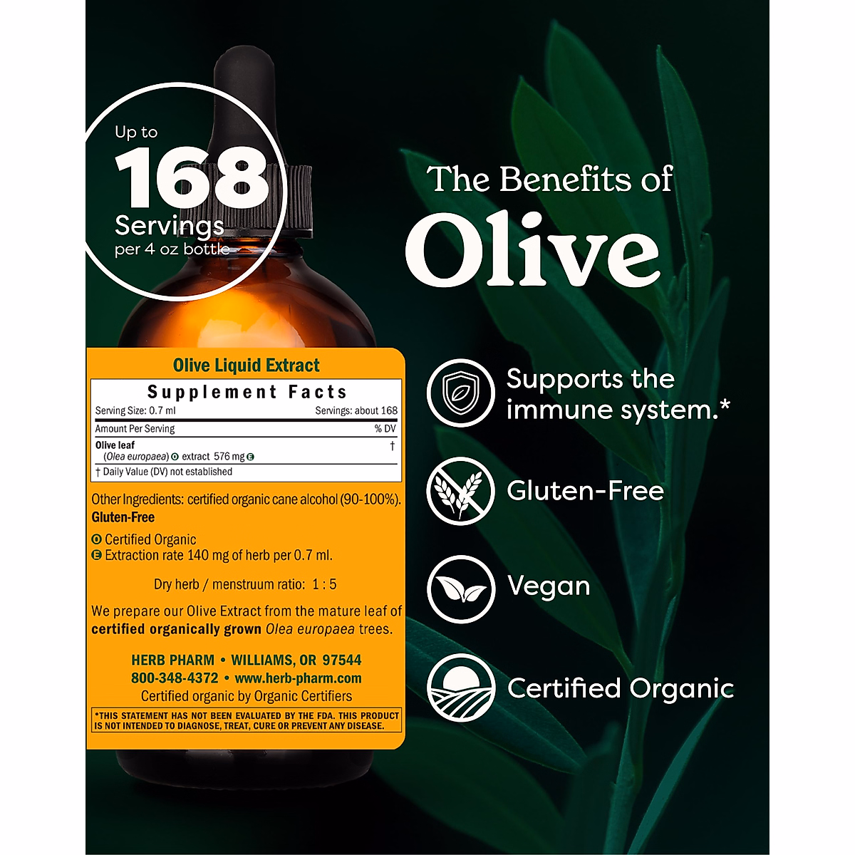 Herb Pharm Certified Organic Olive Leaf Liquid Extract for Immune System Support, 4 Fl Oz