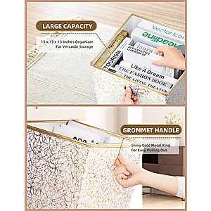 DAMAHOME Fabric Storage Cube Bins, Foldable 13 Inch Cube Storage Bins with Grommet Handle, 4-Pack Collapsible Cubby Organizer for Shelves, Closet, Nursery, Toys, White Gold