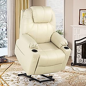 YITAHOME Power Lift Recliner Chair for Elderly, Electric Lift Chair with Heat and Massage, Faux Leather Recliner Sofa with 2 Cup Holders, Side Pockets & Remote Control for Living Room (White)