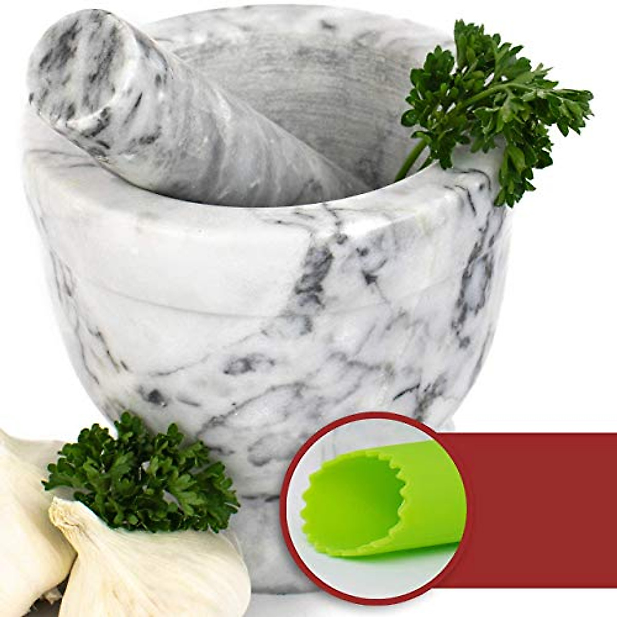 Marble Mortar and Pestle Set - Beautiful Polished White and Grey Veined Marble Mortar and Pestle Set with Garlic Peeler and Anti Scratch, Anti Skid Protective Pad