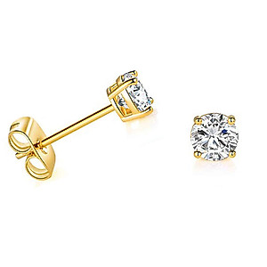 Solid 14k Yellow Gold Solitaire Round Cubic Zirconia CZ Stud Earrings with 14k Gold Butterfly Push Backings (4mm)