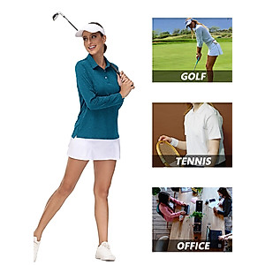 MAGCOMSEN Women Polo Shirts for Work Athleisure Cool Activewear Dry Fit Full Sleeve Tshirts SPF 50 Tops, P Blue, L