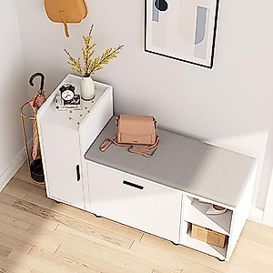 Maupvit Shoe Storage Bench with Flip Drawer Shoe Cabinet, 8 Height Adjustable Metal Feet Shoe Bench, Entryway Bench with Removable Seat Cushion, Narrow Shoe Rack Shoe Cabinet for Entryway Slim, White