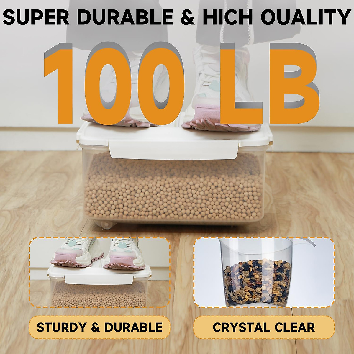 LivLab Mker Rice Storage Container 20 lbs - 15 lbs Airtight Flour Dispenser with Lids & wheel, BPA Free, kitchen organizers for Pet/Cat/Dog Food Storage Container (10 lbs), White