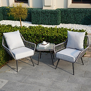 3 Piece Patio Furniture Set Small Outdoor Wicker Rattan Front Porch Bistro Chairs Conversation with Glass Table Grey Modern Contemporary Urban Rectangular Metal Polyester