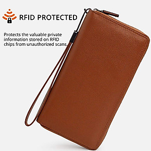 Bveyzi Women RFID Blocking Wallet Leather Zip Around Phone Clutch Large Capacity Ladies Travel Purse Wristlet (Brown)