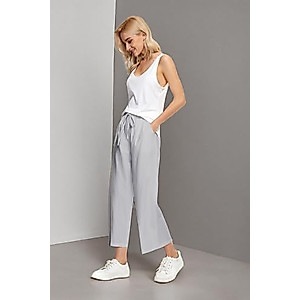 LNX Womens Wide Leg Linen Pants High Waisted Drawstring Flowy Casual Crop Trousers with Pockets Gray