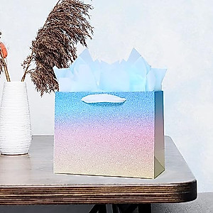 PAPER FAIR 12Pcs Ombre Blue Cream Gift Bags Bulk w/ 24 Tissue Paper, 9 x 7 In, Gradient Pastel Glitter Paper Gift Wrap Bag, Recyclable Gift Packaging for Christmas Birthday Father's Day Baby Shower Party Favor Décor