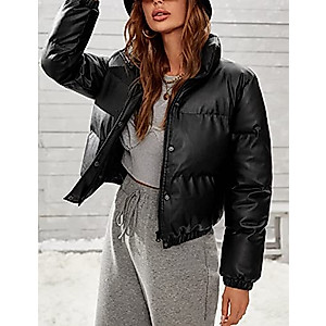Tanming Womens Faux Leather Puffer Jacket Winter Long Sleeve Black Short Bubble Coat (Black-S)