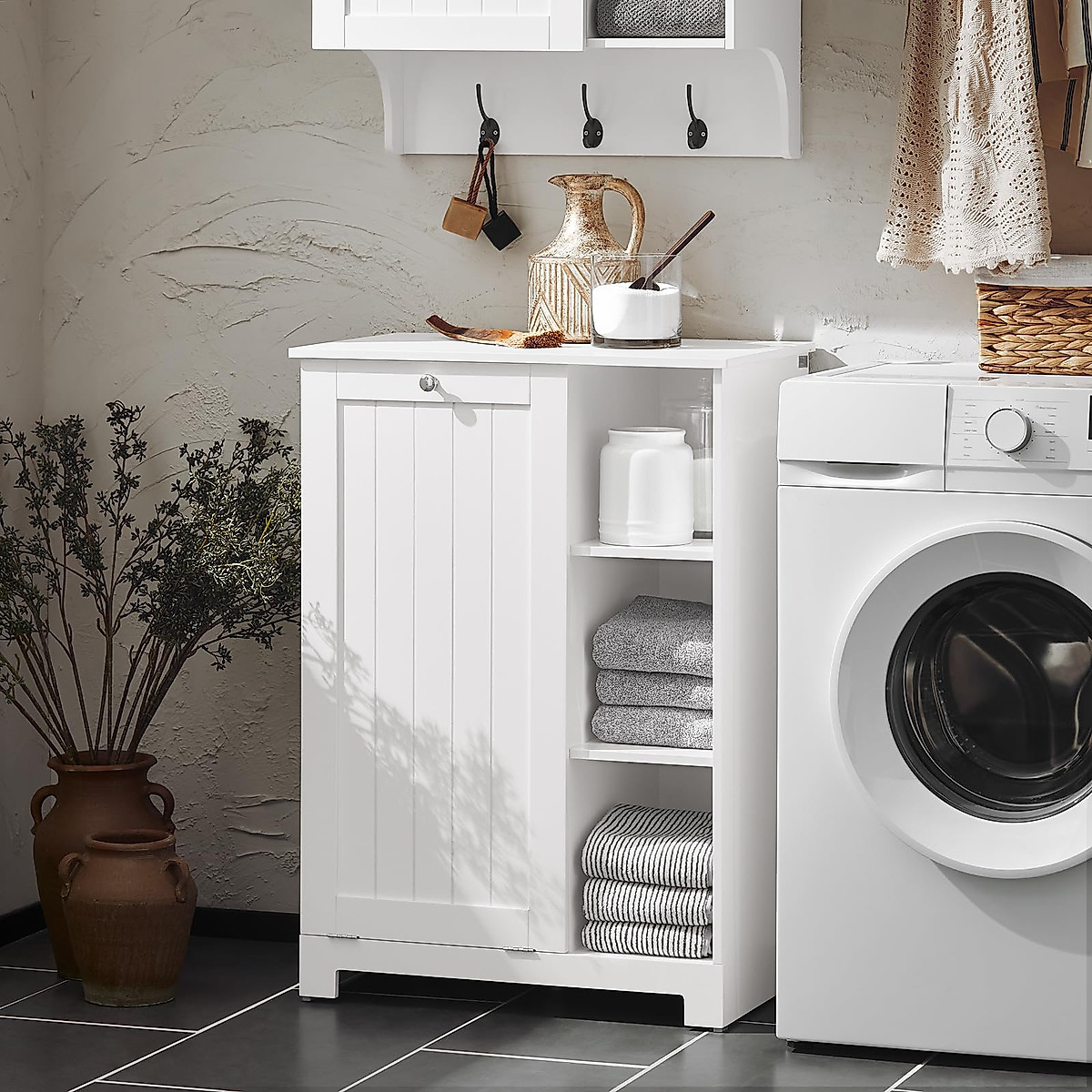 Haotian Bathroom Laundry Cabinet with Tilt-out Hamper, White BZR105-W