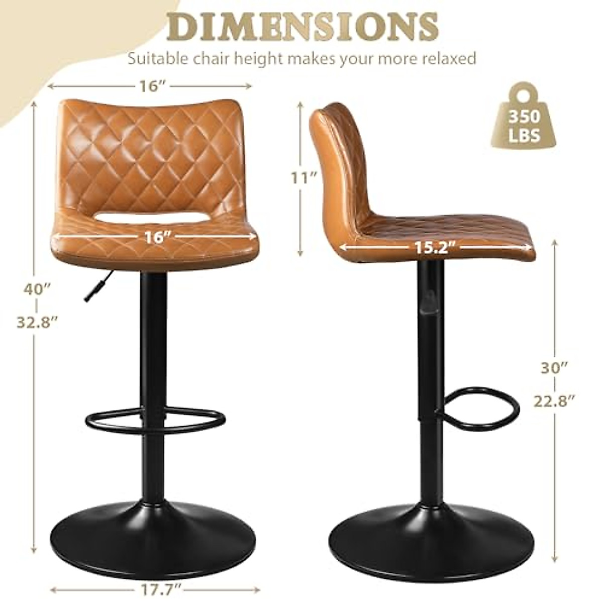 LEMBERI Bar Stools Set of 2, Counter Height Adjustable Bar Stool Swivel with Back, Modern Design Bar Chairs Armless Faux Leather Barstools for Kitchen Island, Pub, Dining Room (Whisky)