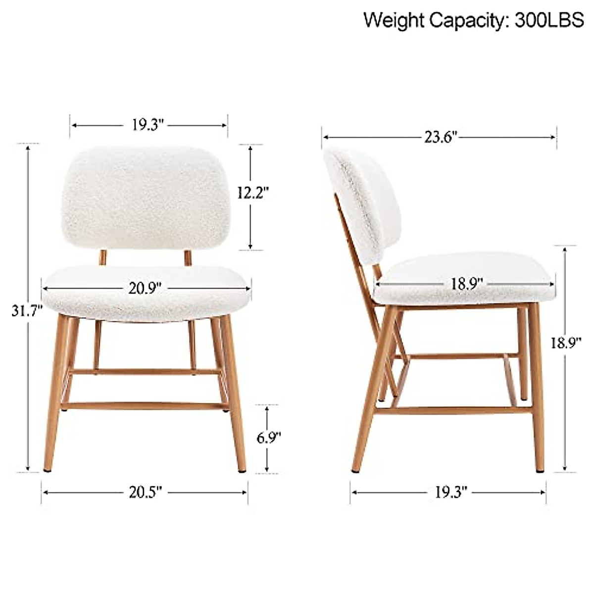 ONEVOG Modern Accent Chair, Ivory White Upholstered Dining Chairs Set of 2, Short Plush Fabric, Armless Dining Chair with Backrest, Sherpa Chair for Dining Room, Living Room, Wood Grain Metal Legs