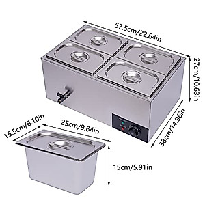 4-Pan Bain Marie Steam Table, Commercial Countertop Steam Table Food Warmer 600W 16.9Qt Stainless Steel Electric Food Soup Warmer with Lid and Tap for Restaurant, Buffet Catering