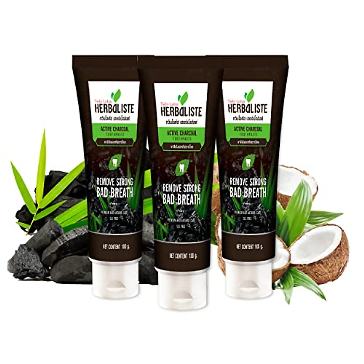 Twin Lotus Activated Charcoal Toothpaste - Teeth Whitening Herbal , Fluoride Free & No SLS For Sensitive Teeth, Coconut Charcoal Toothpaste Remove Plaque Freshen Breath
