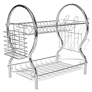 2 Layer 38cm Dish Drainerd Dual Layer Dish Drying Rack Kitchen Collection Shelf Drainer Organizer Over The Sink Mesh Colander Crate and Barrel (Silver, One Size)