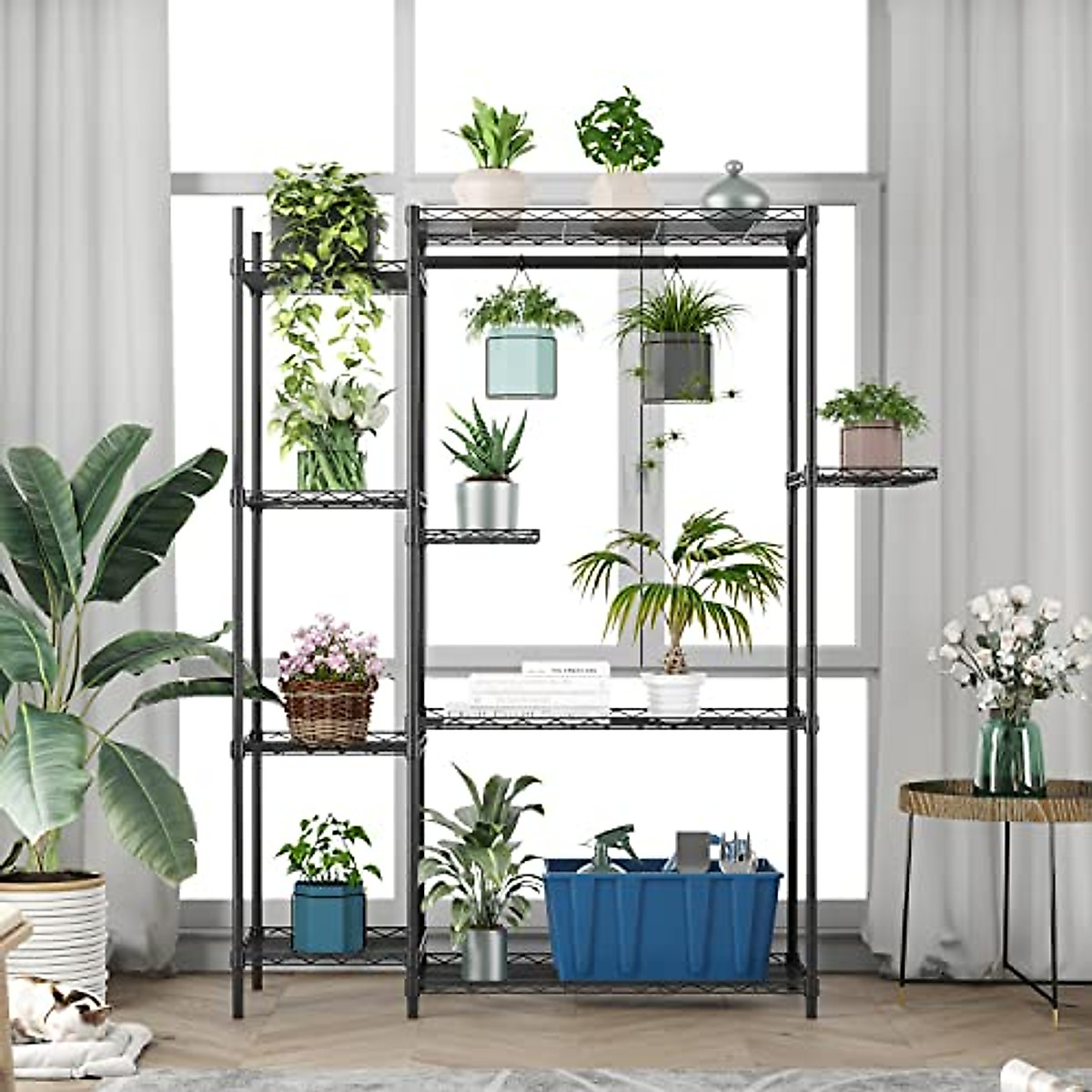 Xiofio Plant Stands for Indoor Plantsd Outdoor Plant Shelf, 4 Tier More Than 14 Pots Flower Pots Holder Storage Shelf Flower Stands With hanger rod for Living Room Balcony and Garden,Black