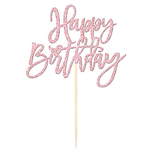 1 PCS Happy Birthday Cake Topper Glitter Happy Birthday Cake Pick for Celebrating Happy Birthday Anniversary Theme Party Cake Decorations Supplies Light Pink