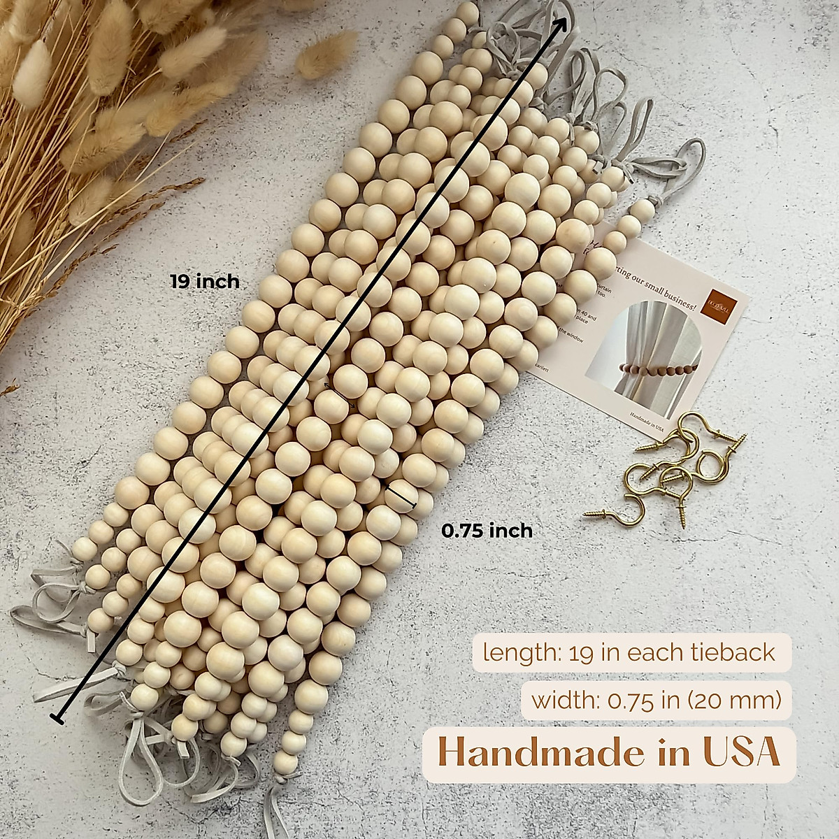 Deco Azul Curtain tiebacks - Curtain Hooks for Drapes - Boho Curtain tie Backs - Natural Wood Bead Curtain Ties - Curtain Holdbacks - Drappery Tiebacks - Curtain Holders - Set of 2