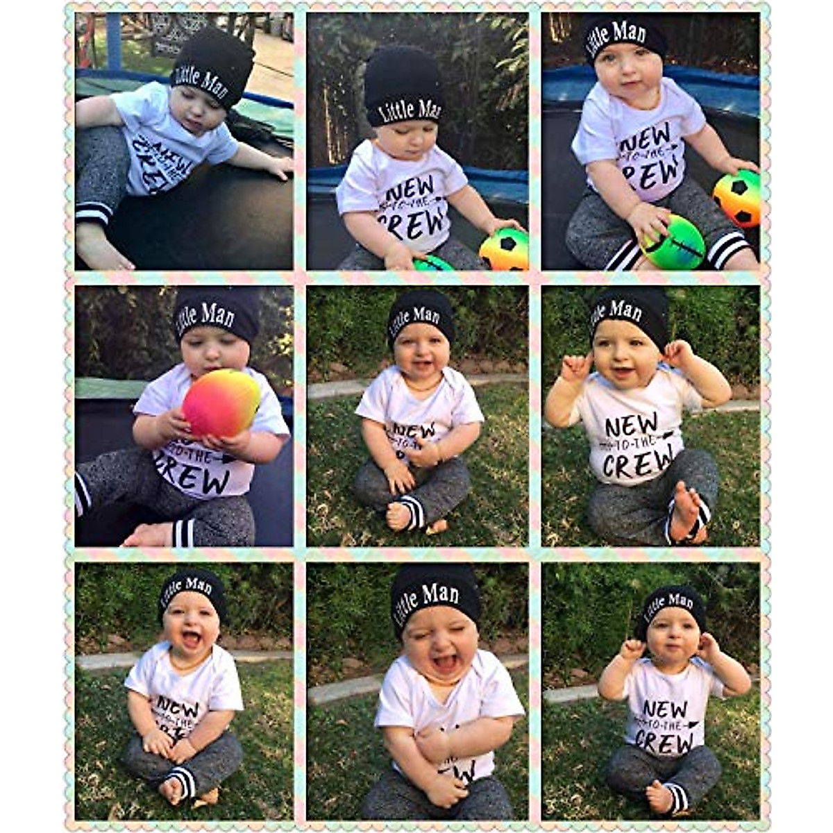 CETEPY Baby Boy Clothes Newborn Romper Infant Summer Outfits Short Sleeve + Long Pants + Hat 3Pcs Set New to The Crew Letter Printed White 0-3 Months 70cm