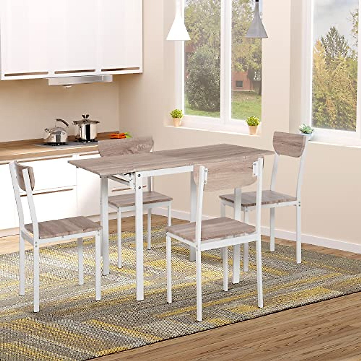 HOMCOM Modern 5-Piece Dining Table Set for 4 with Foldable Drop Leaf, 4 Chairs, and Metal Frame for Small Spaces, White