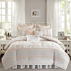 Madison Park Cotton Comforter Set - Shabby Chic Cottage Design All Season Down Alternative Bedding, Matching Shams, Bedskirt, Decorative Pillows, Queen (90 in x 90 in), Serendipity Peach, 9 Piece