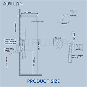 Airuida Shower Fixtures Matte Black 2 Functions 10 Inches Round Rainfall Shower Head and High Pressure Brass Shower Handheld Mixer Bathroom Wall Mount Shower System with Rough-in Valve