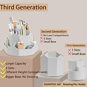 GGIANTGO Pencil Pen Holder for Desk, 9 Slots 360 Degree Rotating Desk Organizer, Desktop Storage Pen Organizers Stationery Supplies, Cute Pencil Cup Pot for Office School Home & Art Supplies (Grey)